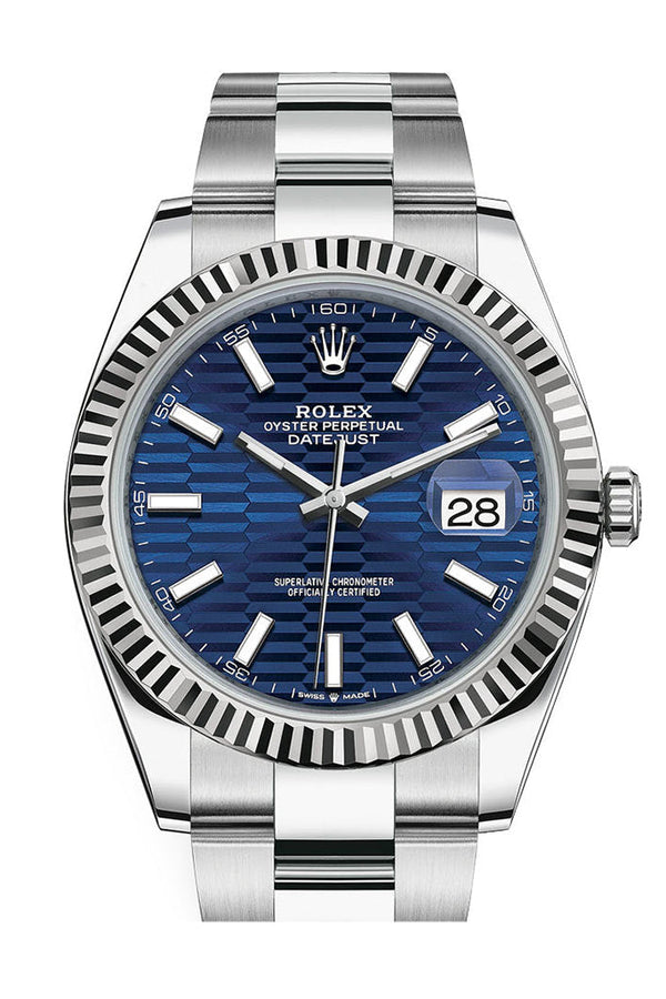 Rolex White Rolesor Datejust 41 - Bright Blue Fluted Motif Index Dial